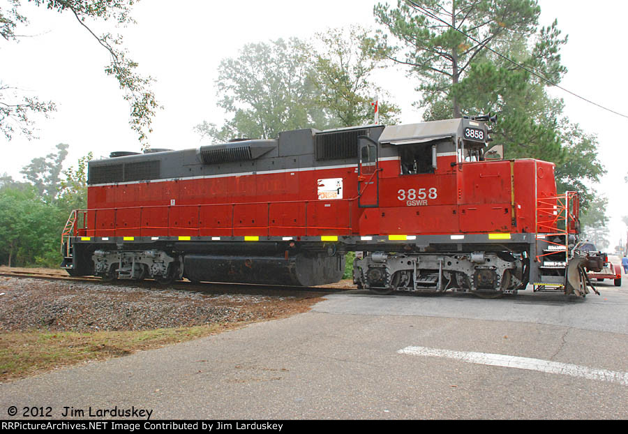GSWR 3858 enginer's side with lettering for North East Kansas & Missouri [NEKM] visible through ...